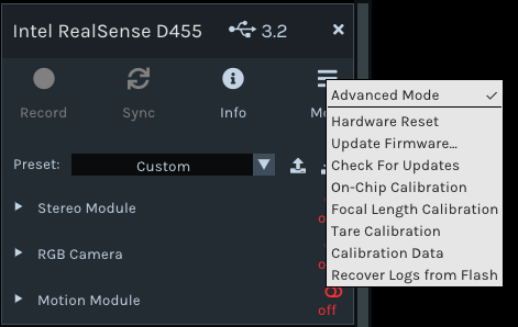 How to write the calibrated intrinsic and extrinsic parameters of the depth camera and color ...