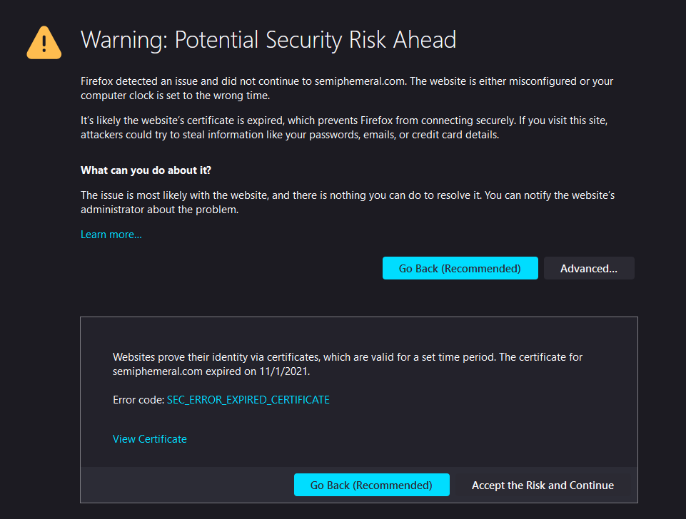 Expired TLS Certificate on https://semiphemeral.com/ · Issue #86 · micahflee/semiphemeral · GitHub