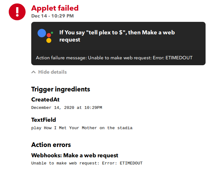 IFTTT Applet Failed Timeout Error · Issue #72 · maykar/plex_assistant · GitHub
