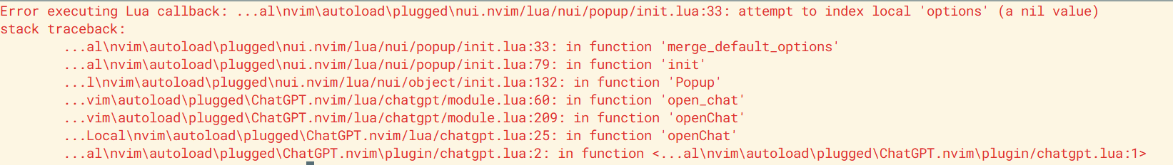 Error when installing with vim-plug · Issue #88 · jackMort/ChatGPT.nvim · GitHub