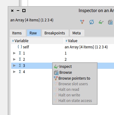 Raw inspector on Array: breakpoint menus should be disabled · Issue #349 · pharo-spec/NewTools ...