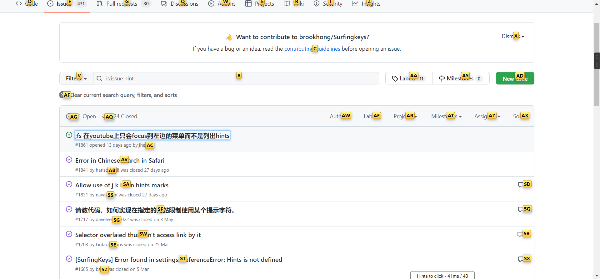 无法重复使用 F 键 | The f key cannot be used again · Issue #1872 · brookhong/Surfingkeys · GitHub