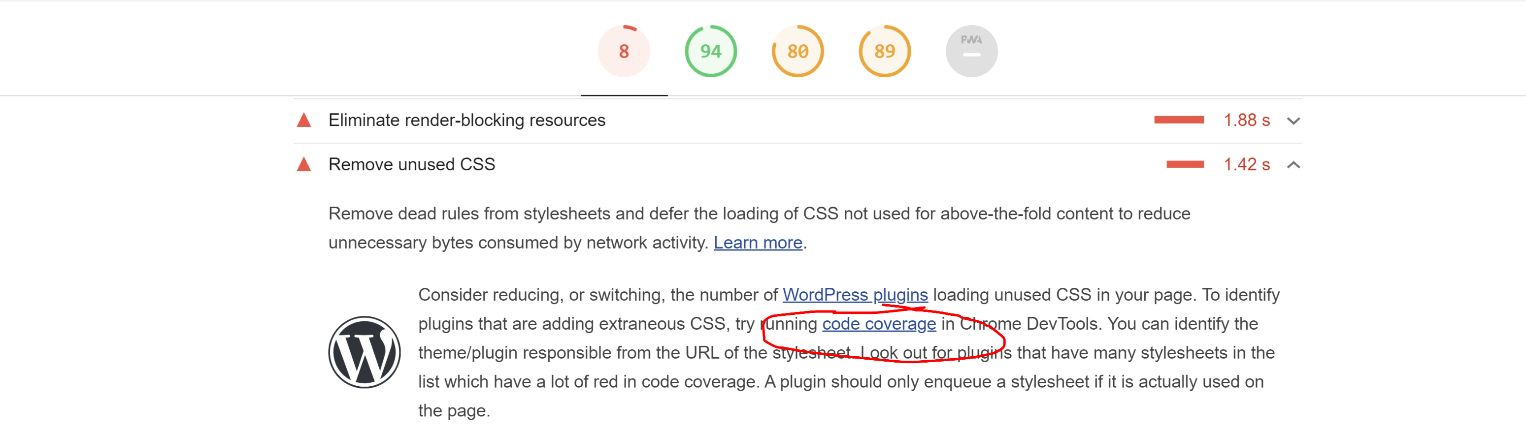 Correct the 404 "Code Coverage" link within WordPress specific recommendations for "Remove ...