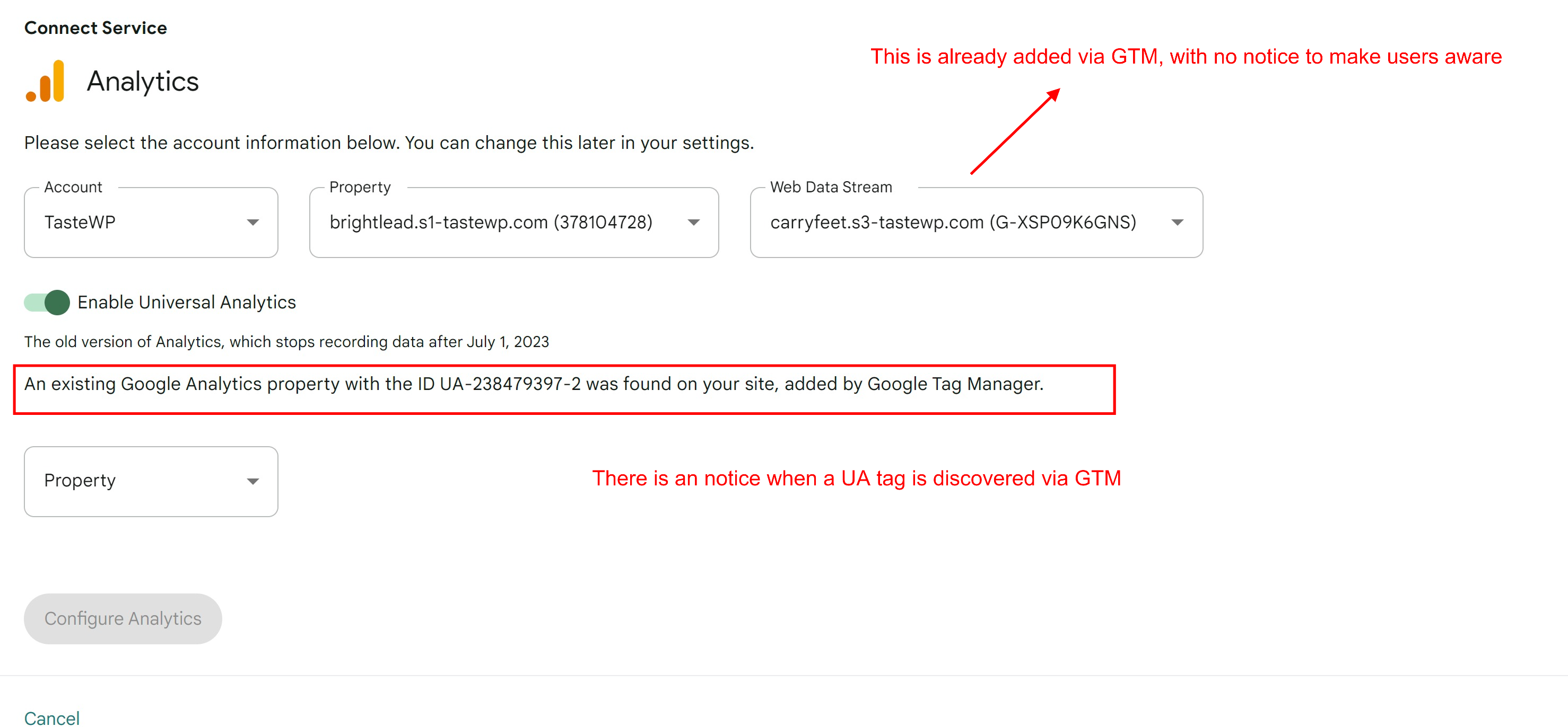Existing GA4 tags placed via GTM not recognized, with no notice that an existing property was ...