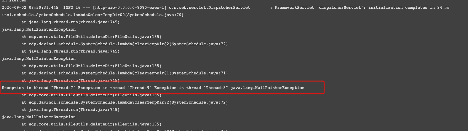 get the error: "Exception in thread "Thread-35" java.lang.NullPointerException" in davinci ...