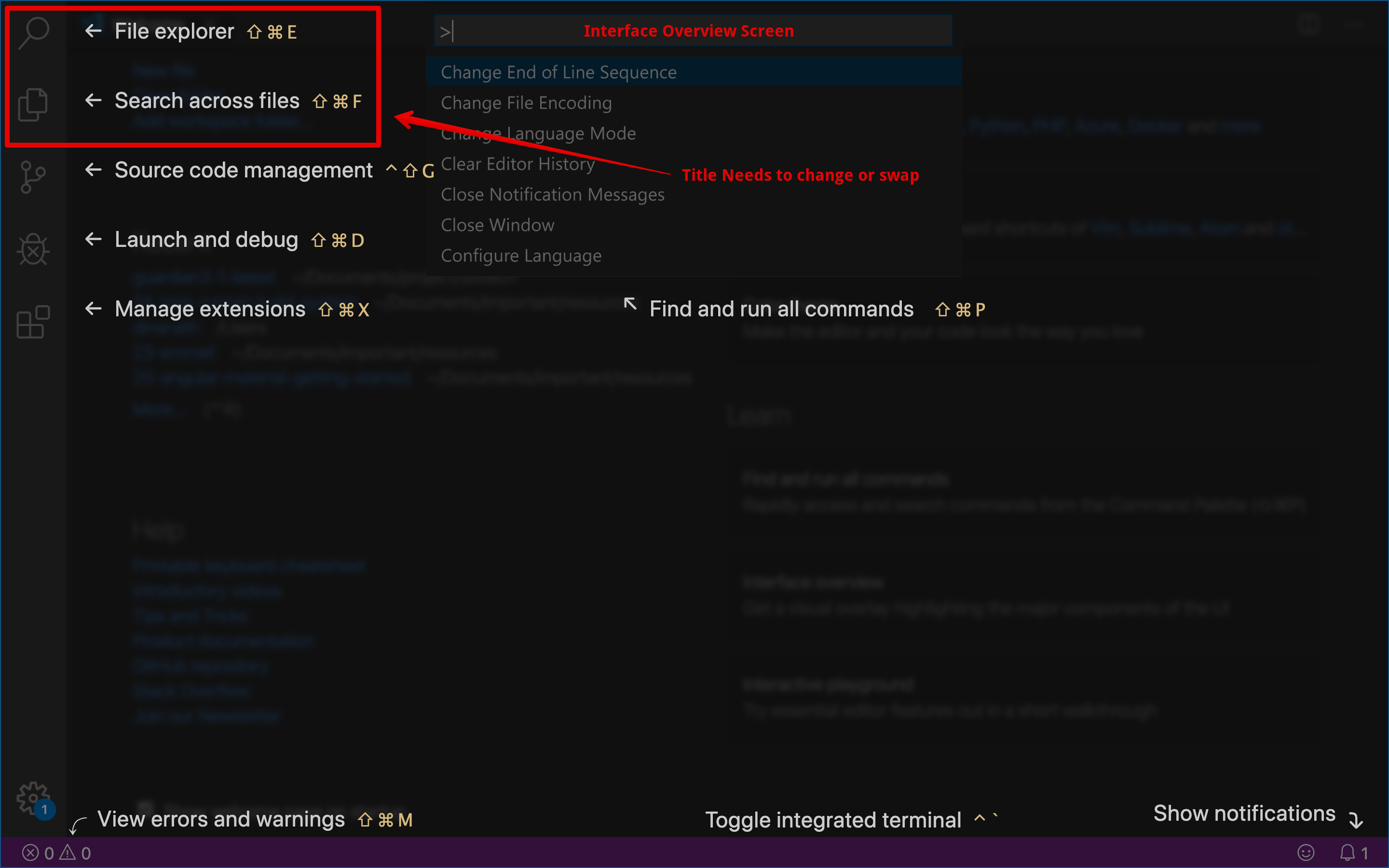 Welcome -> Interface Overview Screen - Title Text for the first two features (Search & File ...