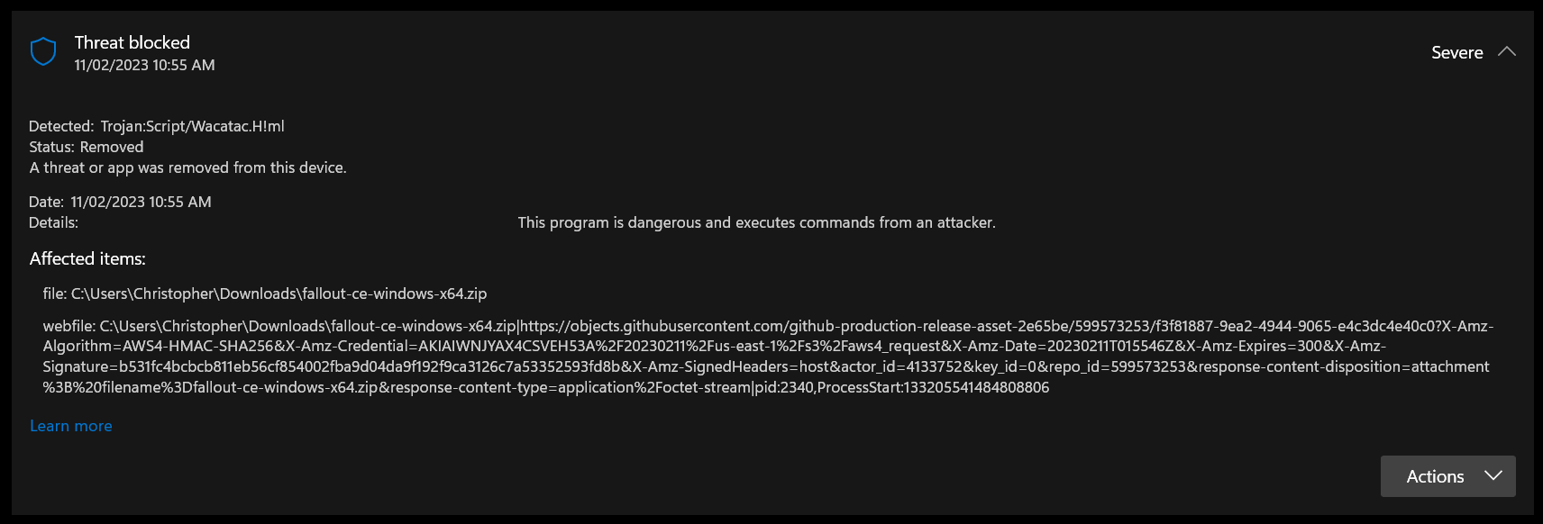 Virus detection warning (Trojan:Script/Wacatac.H!ml) when downloading ...
