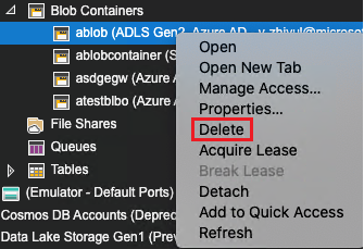 Remove the 'Delete' action from the context menu for one Azure AD attached blob container ...