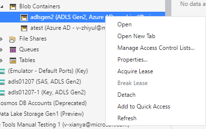 Remove the 'Delete' action from the context menu for one Azure AD attached blob container ...
