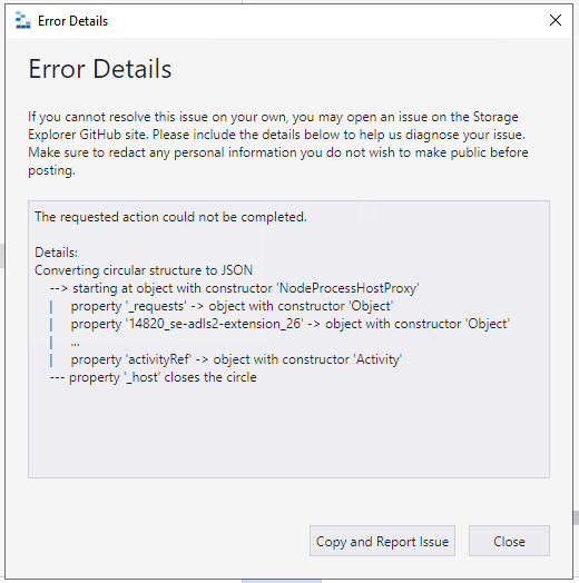 An error dialog pops up when clicking 'Manage Access Control Lists…' for one ADLS Gen2 blob ...