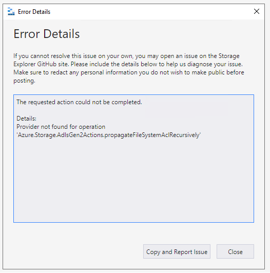 An error dialog pops up when clicking 'Propagate Access Control Lists…' for one ADLS Gen2 blob ...