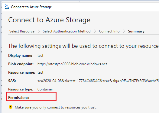 The permission value shows blank in the 'connect summary' dialog when attaching one blob ...