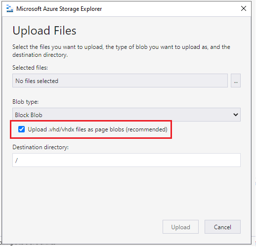 There is an option 'Upload .vhd/vhdx files as page blobs (recommended)' in the 'Upload' dialog ...