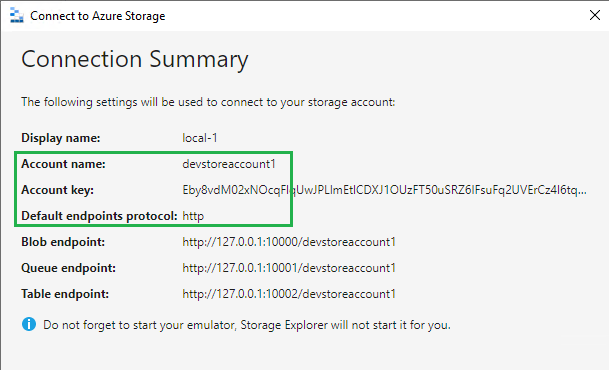 Miss the settings 'Account name, Account key, Default endpoints protocol' in the 'Summary ...