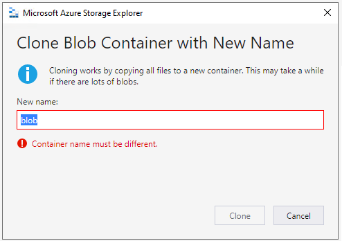 No default blob container name shows in the 'Clone' dialog for one local emulator blob container ...