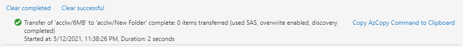 There is a successful activity log after copying one blob and pasting to one folder in the same ...