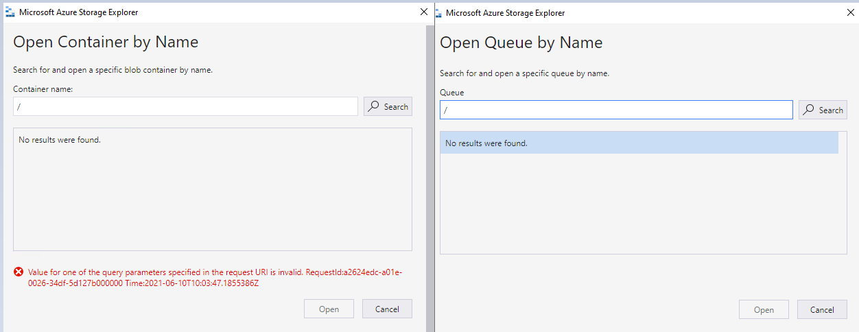 The behaviors are inconsistent between 'Open Container by Name' and 'Open Queue by Name' dialog ...