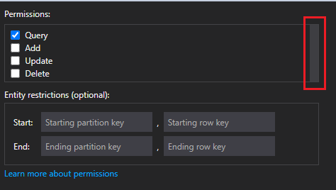 There is an extra scrollbar in the 'Shared Access Signature' dialog under the 'Dark' theme ...