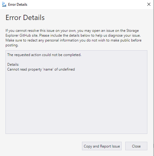 An error dialog prompts with an error "Cannot read property 'name' of undefined" when ...