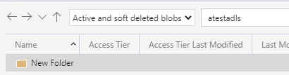 The soft-deleted ADLS Gen2 folder displays as an active empty folder under 'Active and soft ...