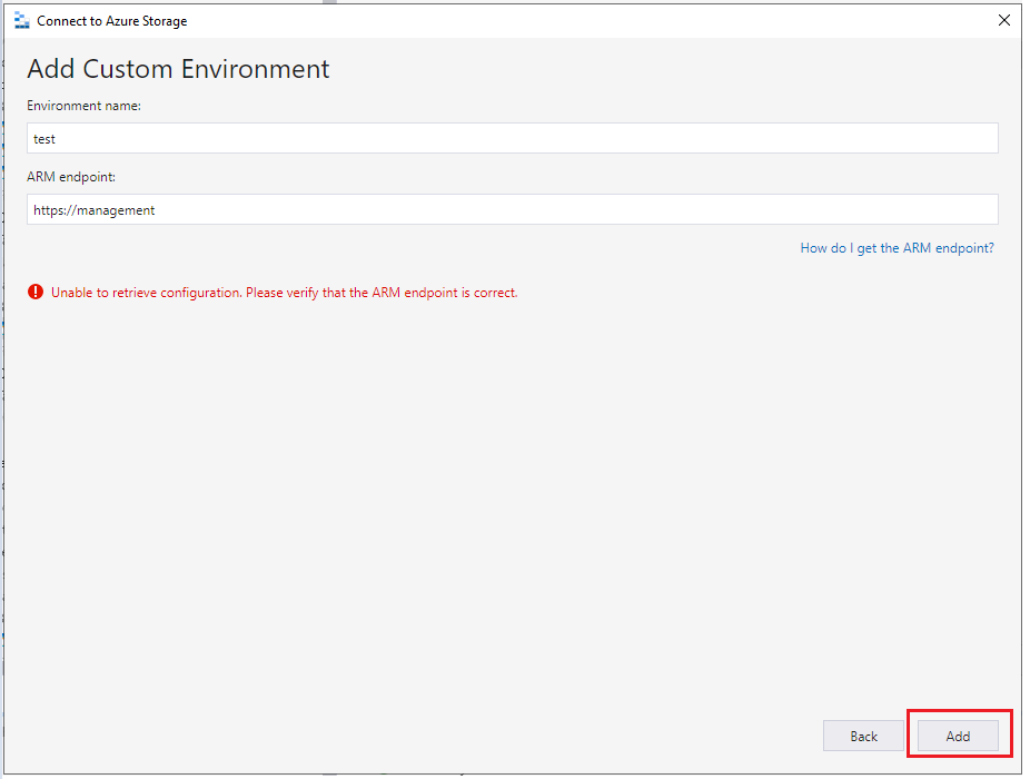 No red border displays on the ARM endpoint filed when there is an error 'Unable to retrieve ...