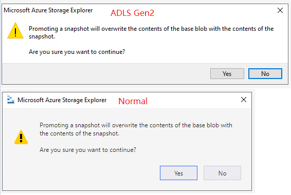 The 'No' button is selected on the promote snapshot dialog for the ADLS ...
