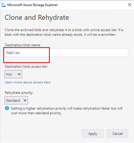 It would be better to add a warning 'Blob name must be different' in the 'Clone and Rehydrate ...