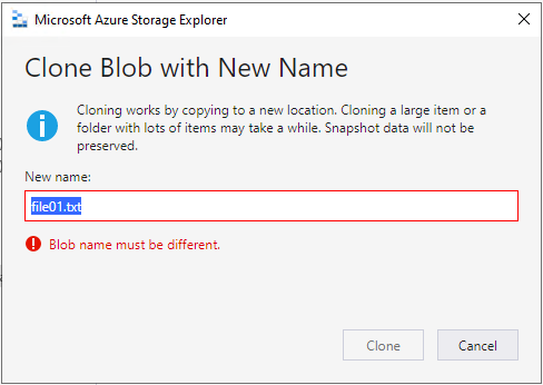 It would be better to add a warning 'Blob name must be different' in the 'Clone and Rehydrate ...