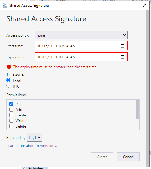 An extra scrollbar displays in the 'Shared Access Signature' dialog for blob containers when ...