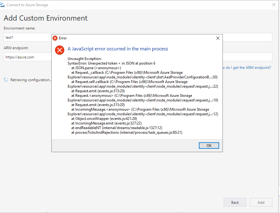 The 'Add' button is disabled on the 'Add Custom Environment' dialog even though closing the ...
