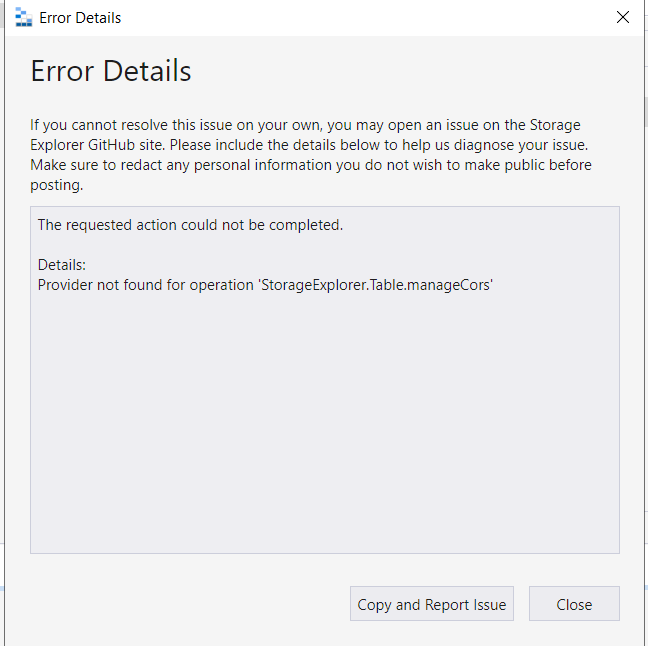 An error dialog pops up when clicking 'Configure CORS Settings...' on the 'Tables' node · Issue ...