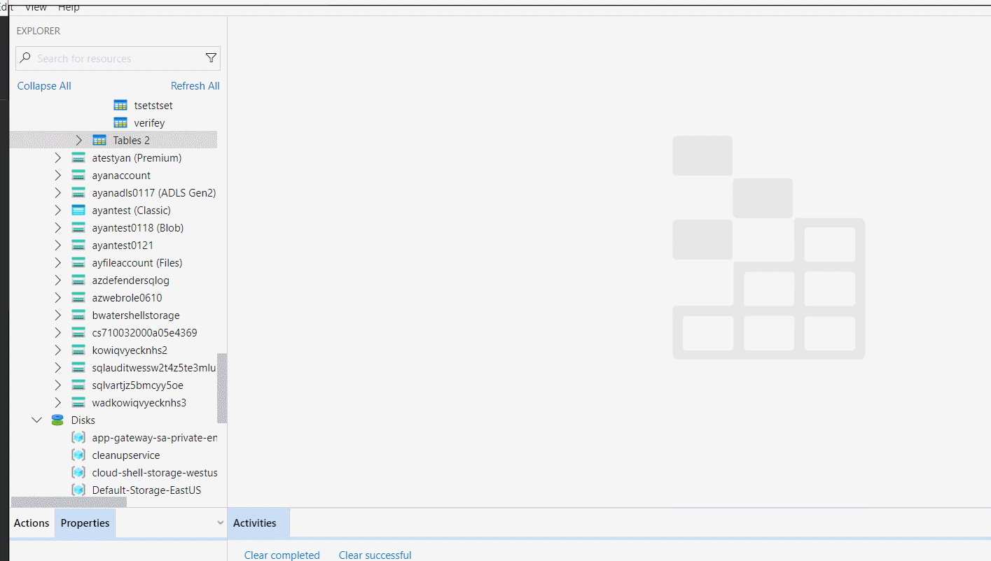 An error info bar pops up when opening one storage account/blob container/file share/queue/table ...