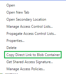 There is no action 'Copy Direct Link to Blob Container' for one secondary ADLS Gen2 blob ...