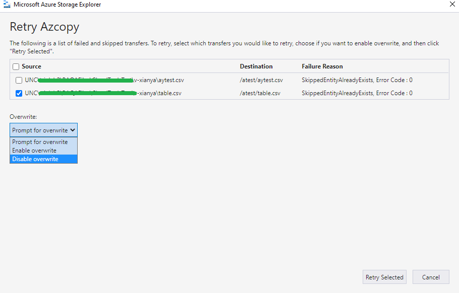 Only display a successful activity log if selecting one of the source items on the 'Retry Azcopy ...