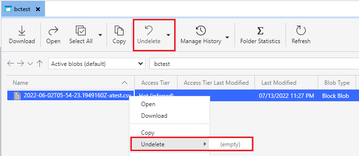 There is an extra action 'Undelete' on the toolbar of one public connected blob container ...