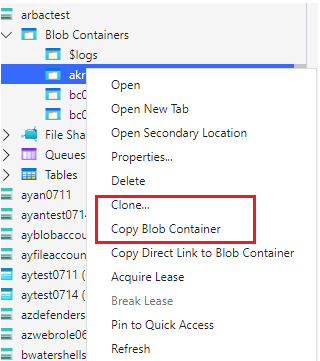 It would be better to remove the actions 'Clone.. & Copy Blob Container' for one blob container ...