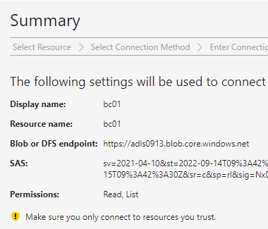 No 'Resource type' setting displays in the Summary dialog when SAS attaching one ADLS Gen2 blob ...
