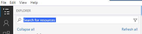 The strings 'EXPLORER' and 'Search for resources' are selected when clicking 'Edit -> Select All ...