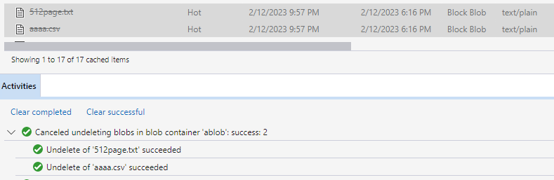The sub activity logs do not match the group activity log when cancelling undelete blobs ...