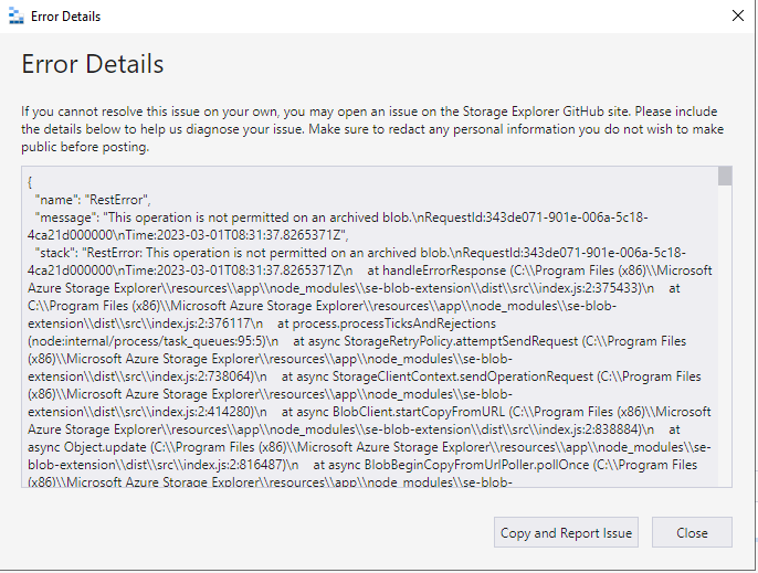 The error does not make sense if copying an archive blob when source and destination are the ...