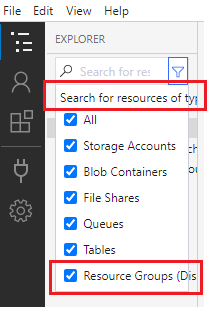 Strings on the 'Search for resources of type' panel overflow as the 'EXPLORER' panel narrows ...