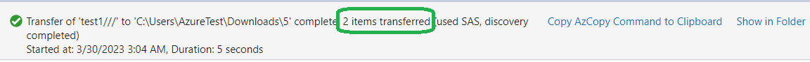 It displays '0 items transferred' in the activity log when downloading more than one blob whose ...