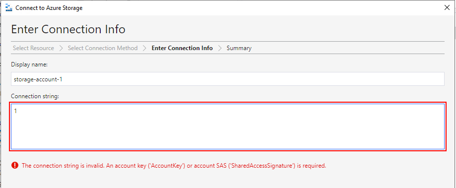 There is no alert message when typing invalid string into 'Connection string' field on connect ...