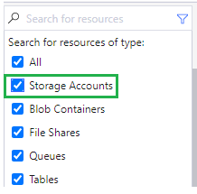 The option 'Storage Accounts' is not selected on 'Search for resources ...