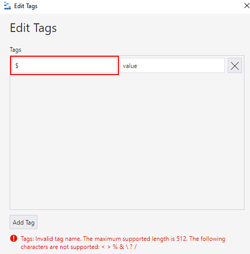 There is no error message when typing '&\' into the tag key field on ...