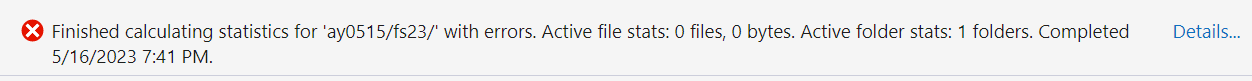 There is a failed activity log when running Directory Statistics for a folder whose name ...