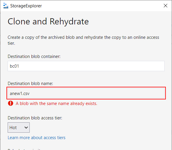 Fail to upload one blob with the same name if there is a cloned rehydrated blob got deleted ...