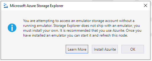 No notification dialog pops up when trying to expand local emulator node without Azurite ...