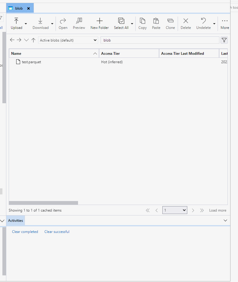 The pasted file will be transferred to the blob explorer if press Ctrl+V on the address bar ...