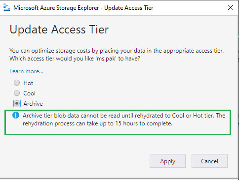 No hint shows when selecting 'Archive' on 'Update Access Tier' dialog for one ADLS Gen2 blob ...